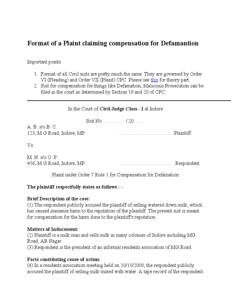 Format of A Plaint Claiming Compensation For Defamantion | PDF ...