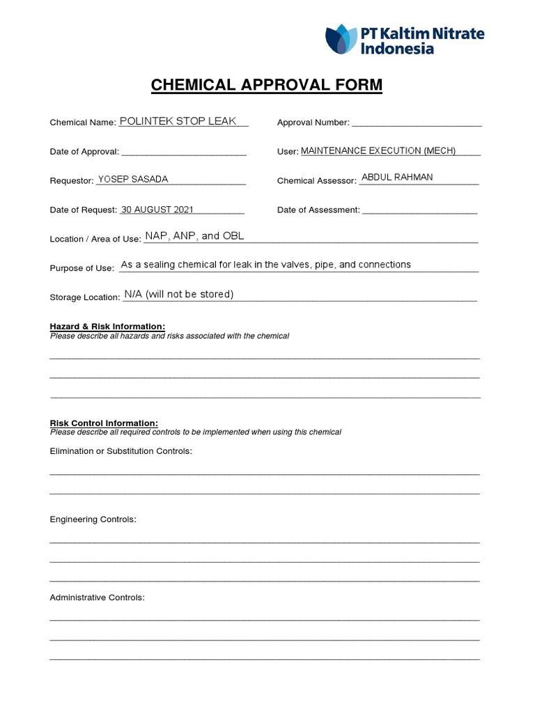 Chemical Approval Form - Polintek Stop Leak | PDF | Leak | Working ...