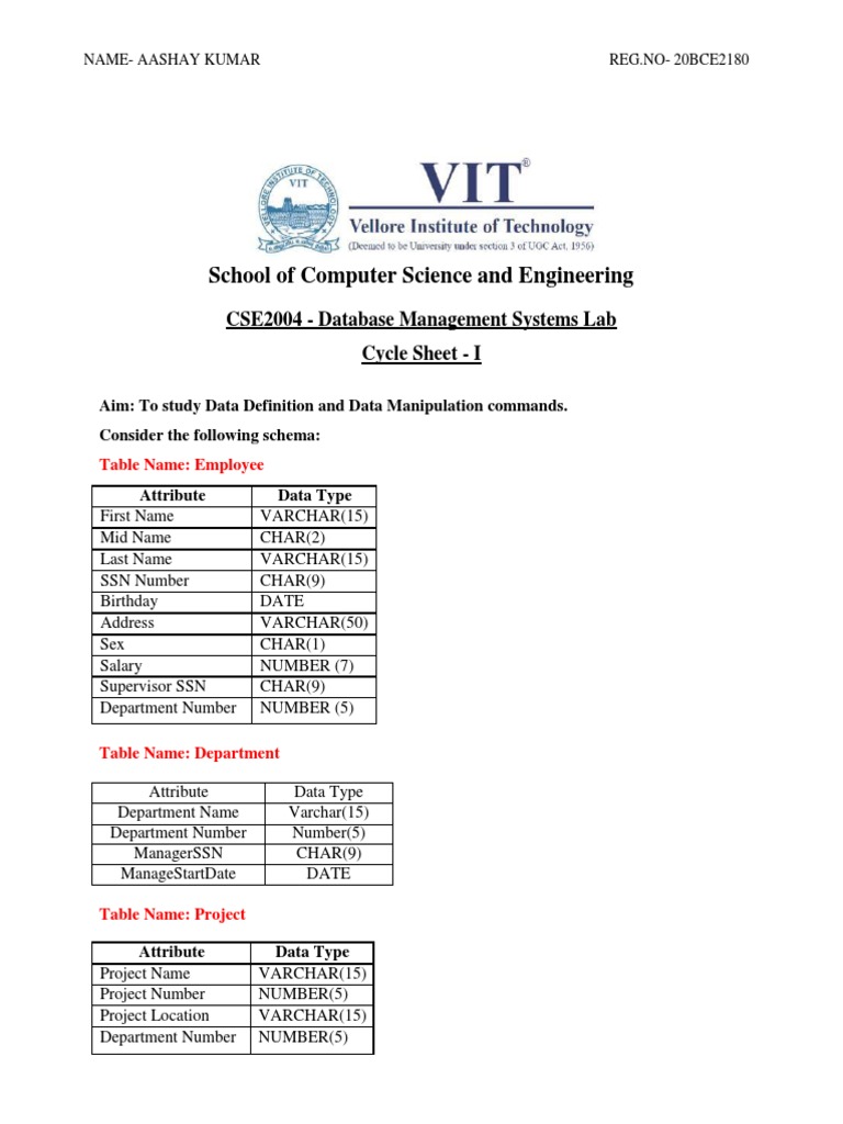 School of Computer Science and Engineering: CSE2004 - Database Management Systems Lab Cycle ...