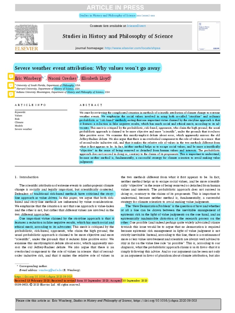 Studies in History and Philosophy of Science: Eric Winsberg, Naomi ...