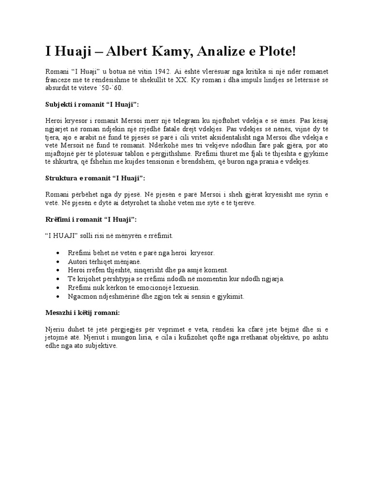 I Huaji - Albert Kamy, Analize e Plote | PDF