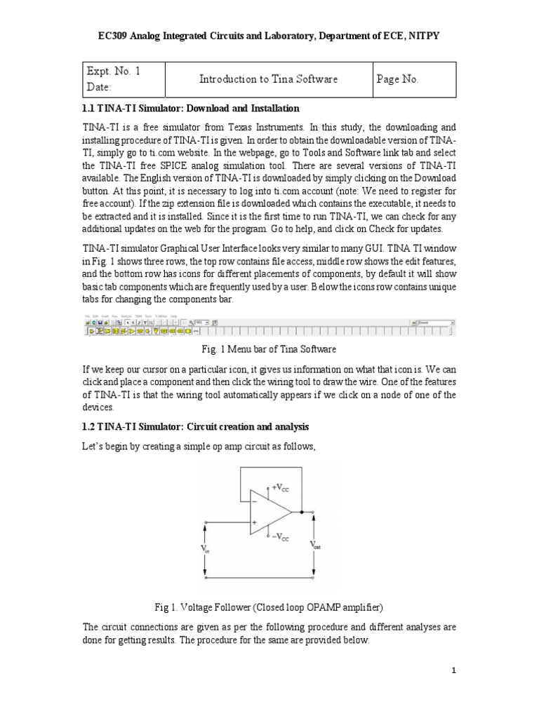 Expt. 1 - Introduction To Tina Software | PDF | Operational Amplifier ...
