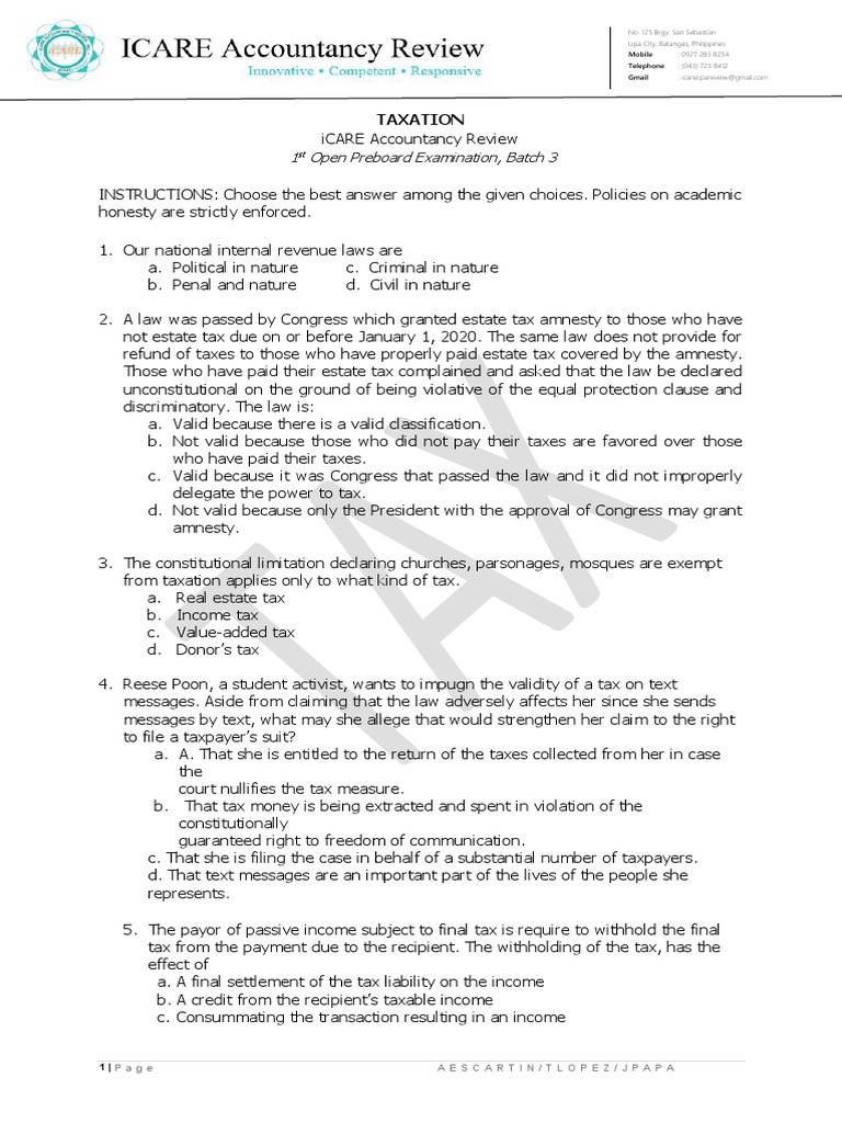 Icare Tax First Preboard Examinations Batch 3 | PDF | Taxes | Capital Gains Tax