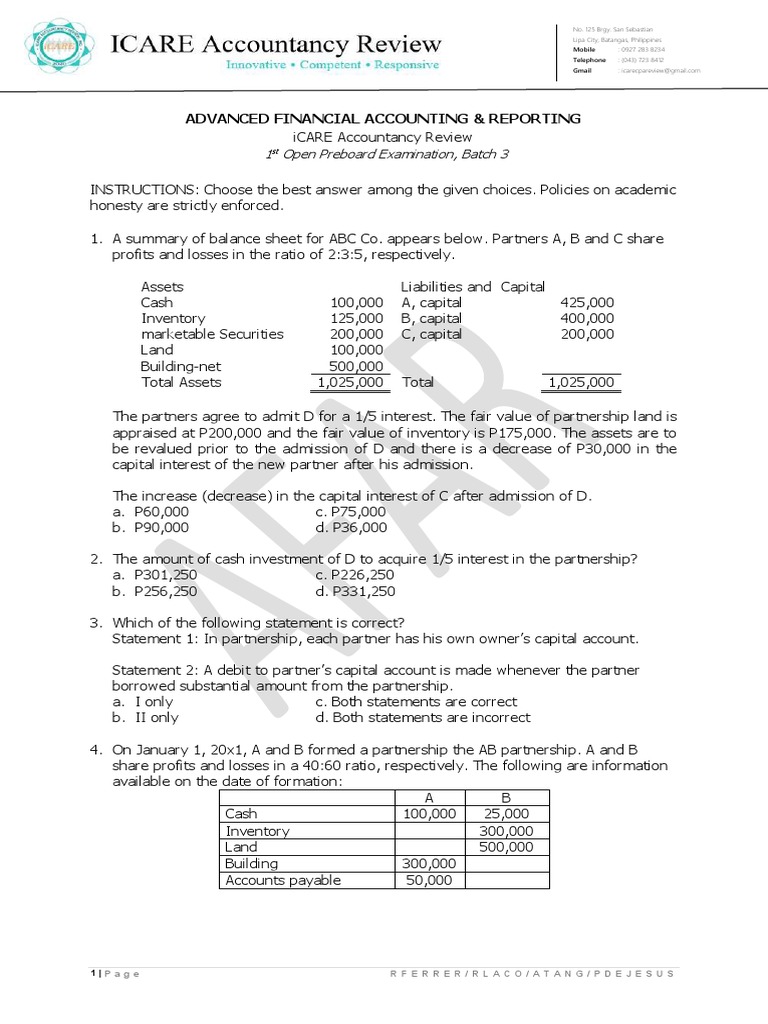 iCARE CPA Review: Advanced Accounting Exam | PDF | Franchising ...