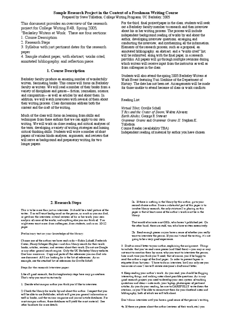 Sample Research Project in The Context of A Freshman Writing Course ...