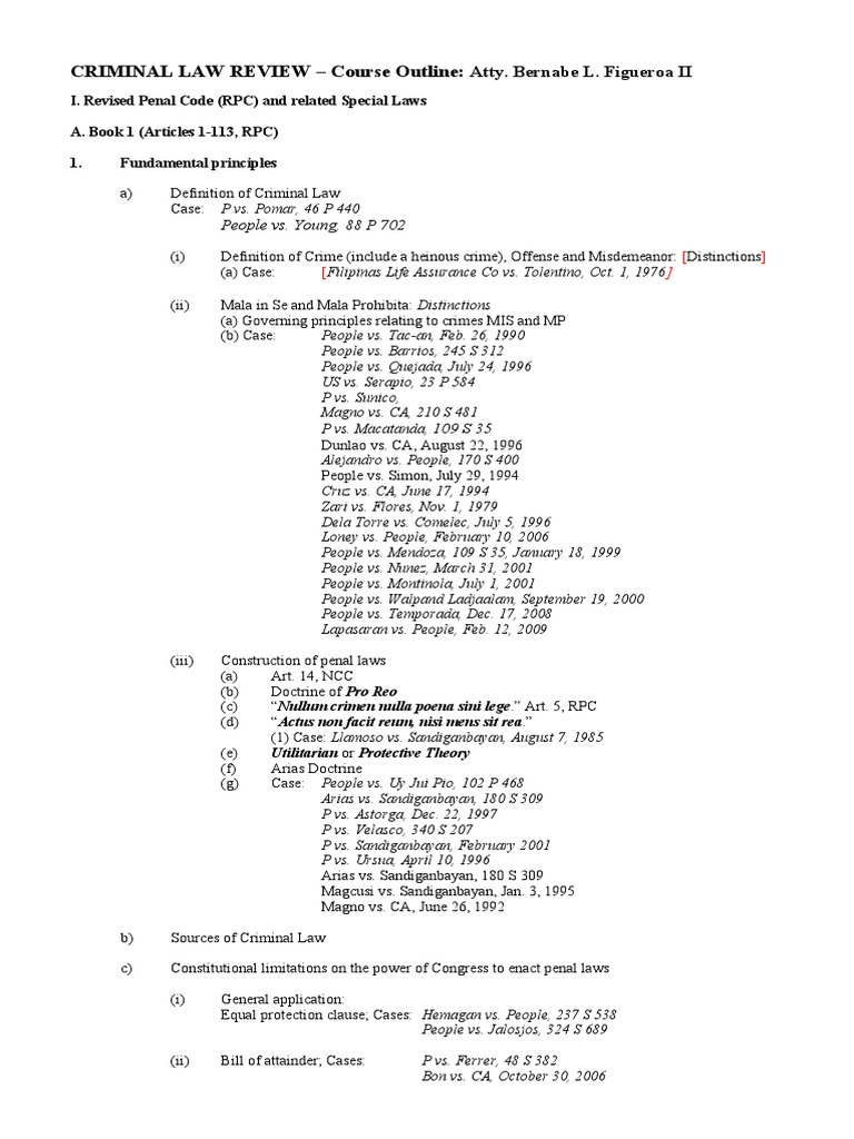 CRIMINAL LAW REVIEW - Course Outline:: People vs. Young, 88 P 702 | PDF | Pardon | Probation