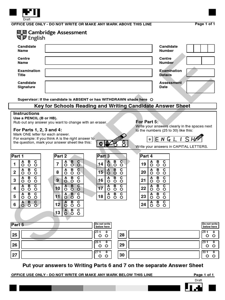 A2 Key For Schools Reading Sample Answer Sheet | PDF
