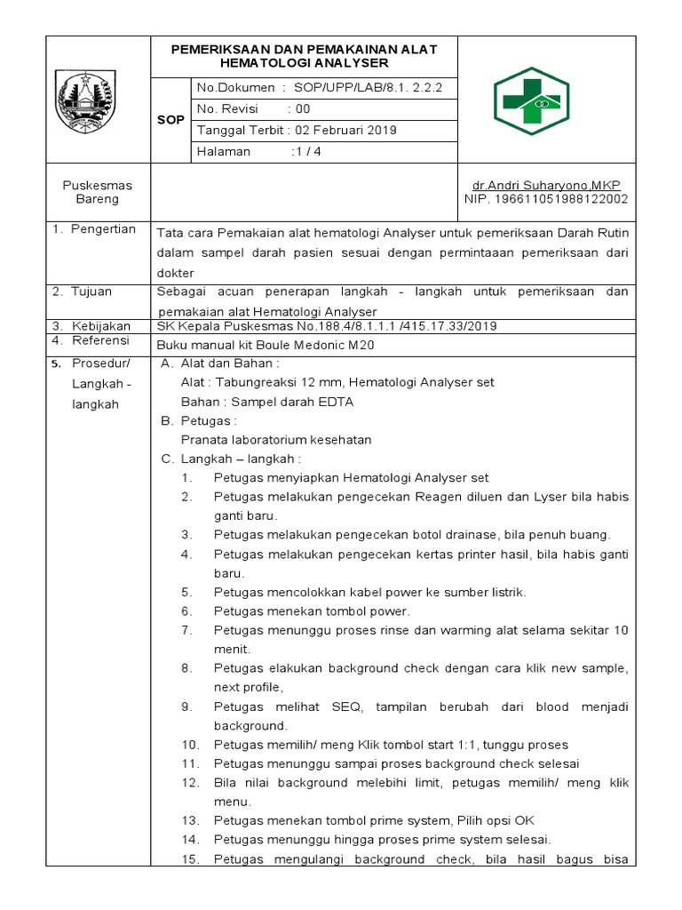 SOP Pemeriksaan Hematologi Analyser Medonic | PDF