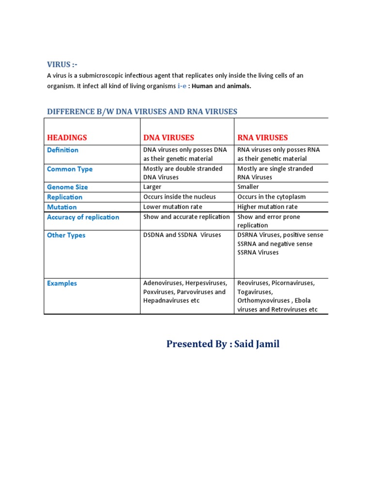 Difference Between DNA &RNA Viruses | PDF Difference Between DNA &RNA Viruses | PDF