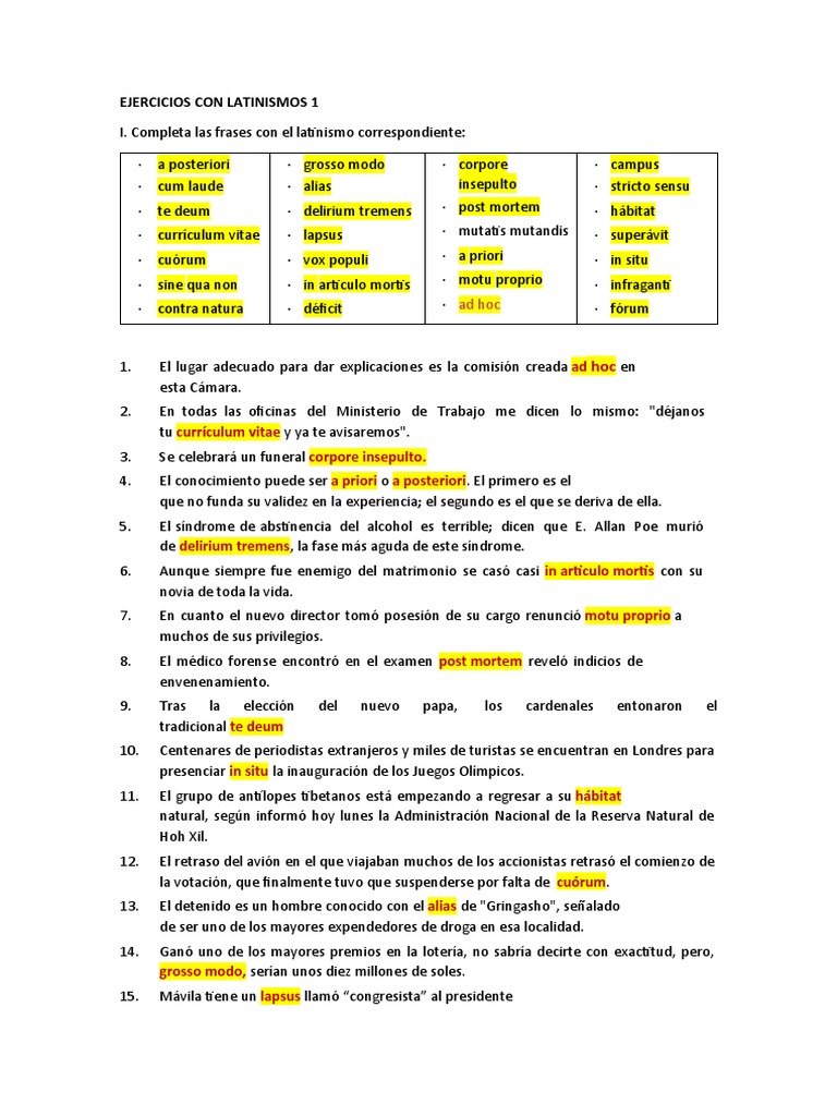 Ejercicios Con Latinismos 1 Lenguaaa | PDF