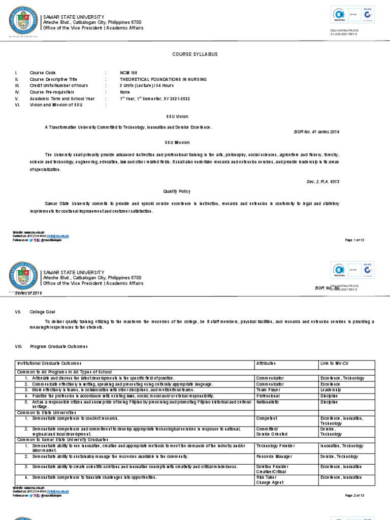 NCM 100 Syllabus Socotec 2021 | PDF | Nursing | Leadership