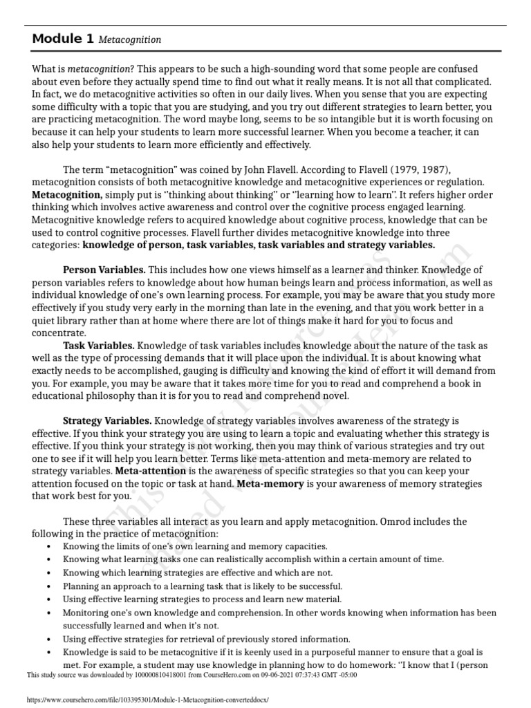 Module 1 Metacognition | Download Free PDF | Metacognition | Learning