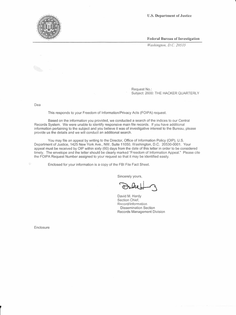FBI Final Response Letters To 2600 Related Requests | PDF | Freedom Of ...