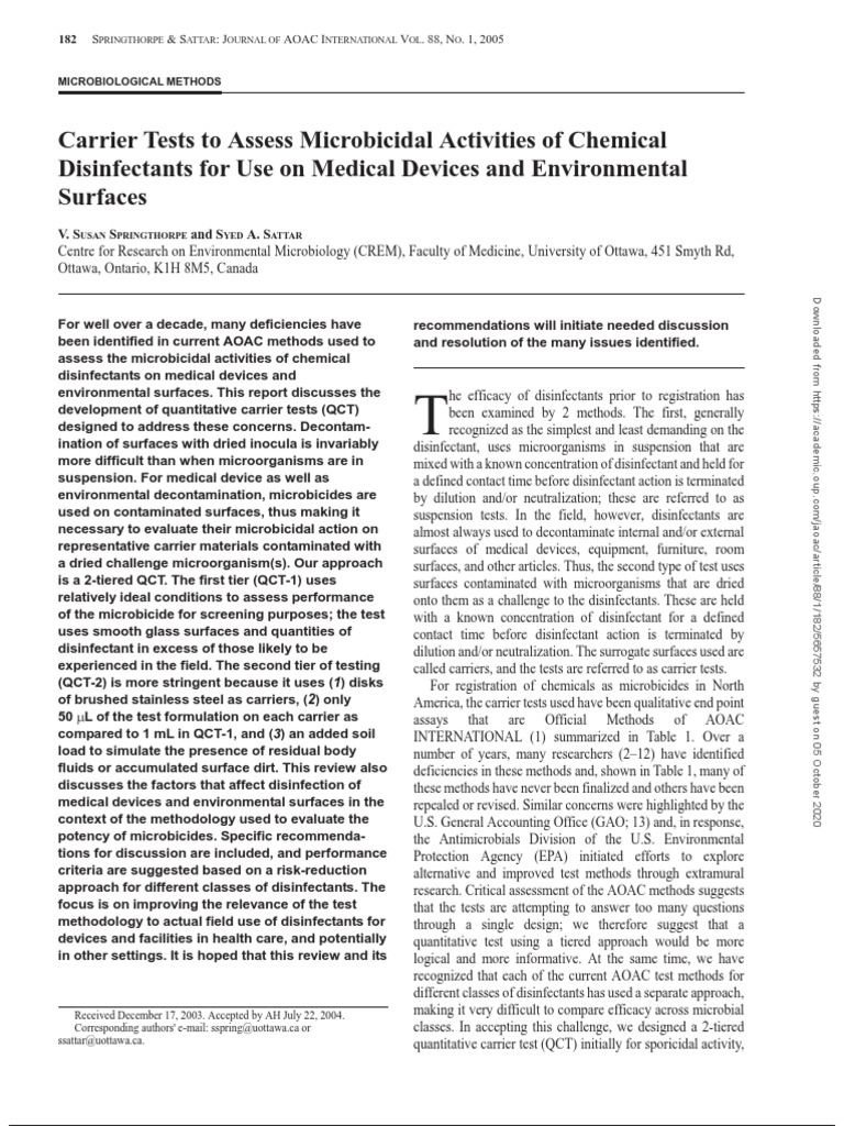Carrier Tests To Assess Microbicidal Activities of Chemical ...