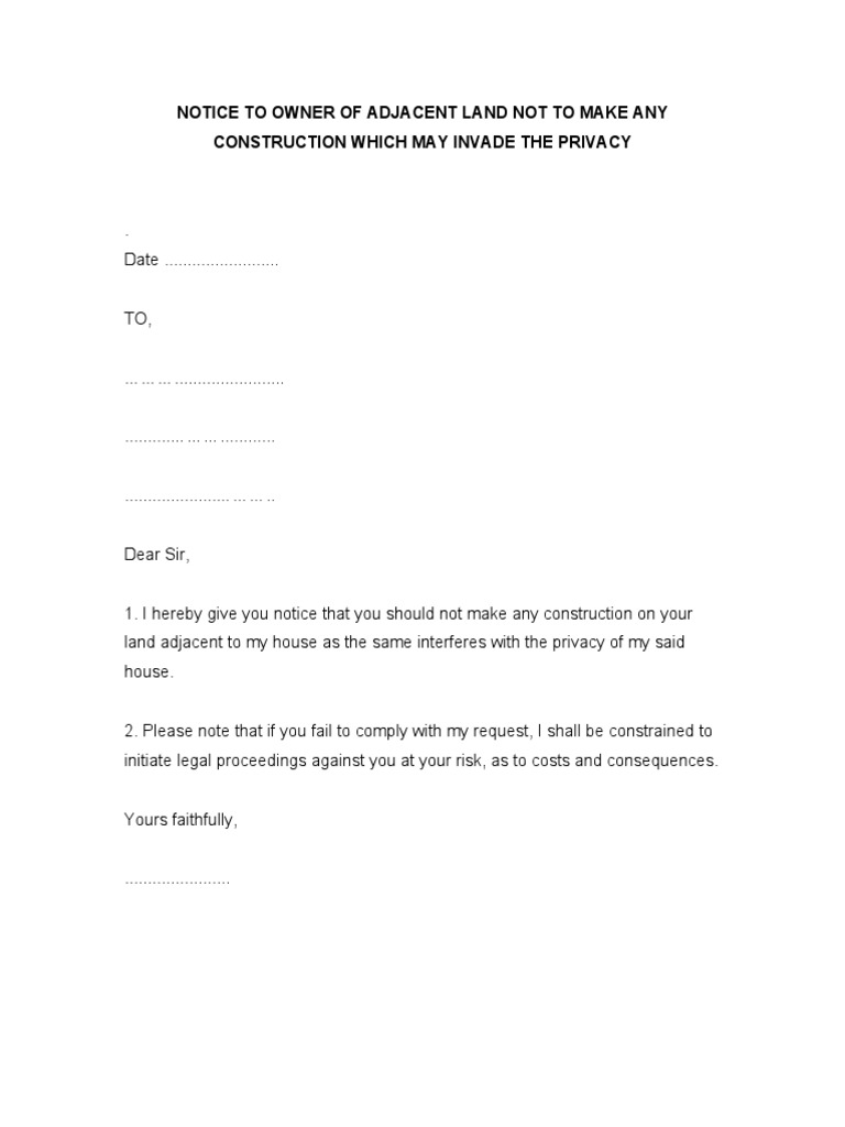 Notice To Owner of Adjacent Land Not To Make Any Construction Which May ...