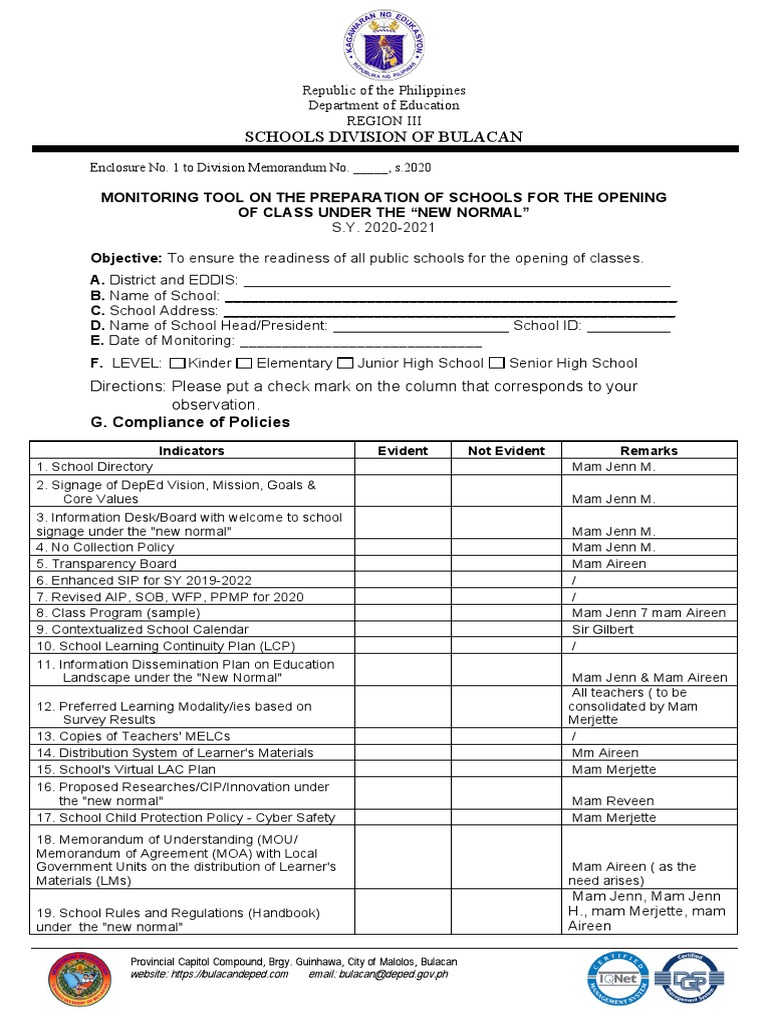 Monitoring Tool On The Preparation of School For The Opening of Classes ...