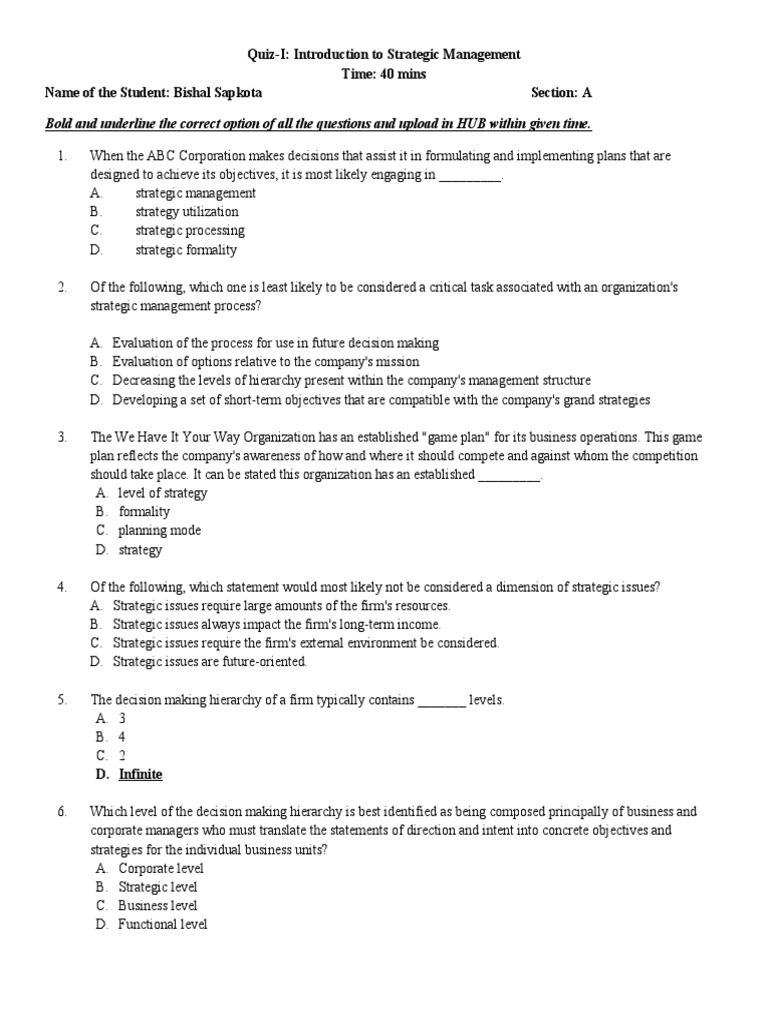 Quiz I - Intro To STR MGMT | PDF | Strategic Management | Competitive ...