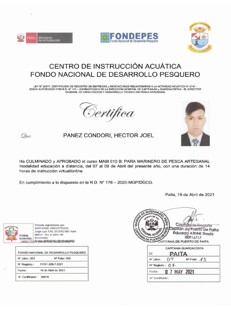 Certificado Marinero de Pesca Artesanal | PDF