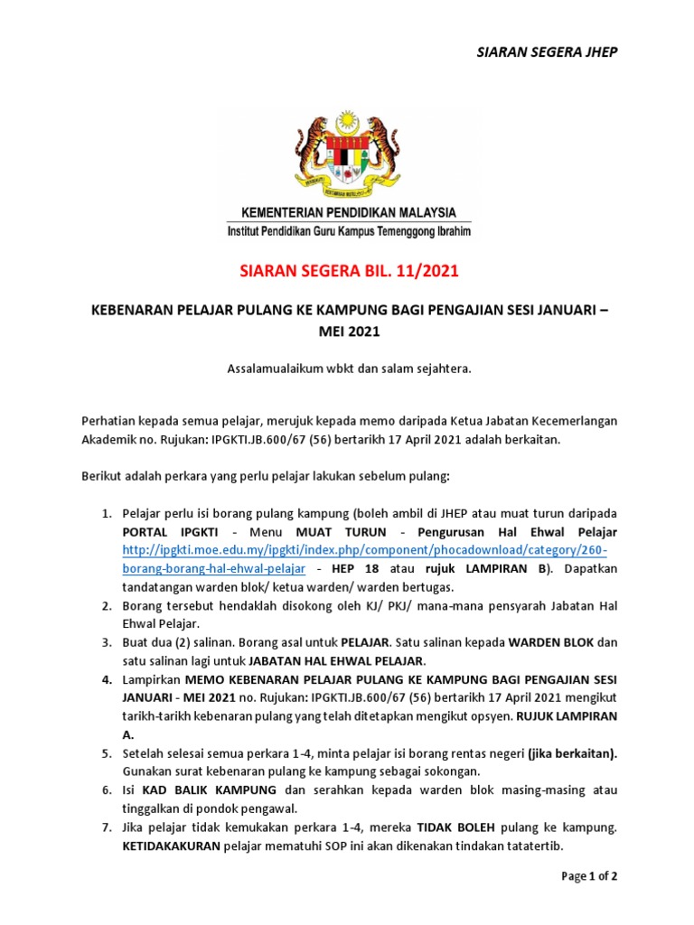 Memo Kebenaran Pulang Ke Kampung Setelah Selesai Amali | PDF