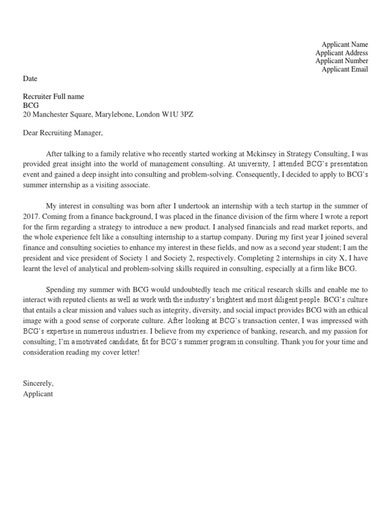 BCG Cover Letter | PDF | Consultant | Internship