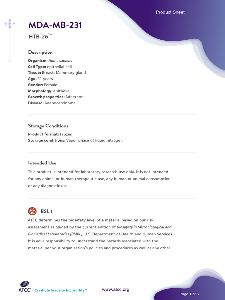 HTB-26 Product Sheet - MDA-MB-231 | PDF | Atcc (Company)