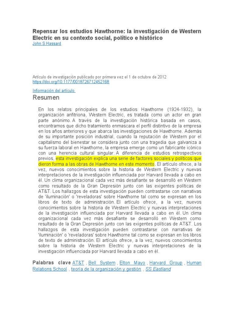 Repensar Los Estudios Hawthorne Etapas Refwerecia | PDF | AT & T ...