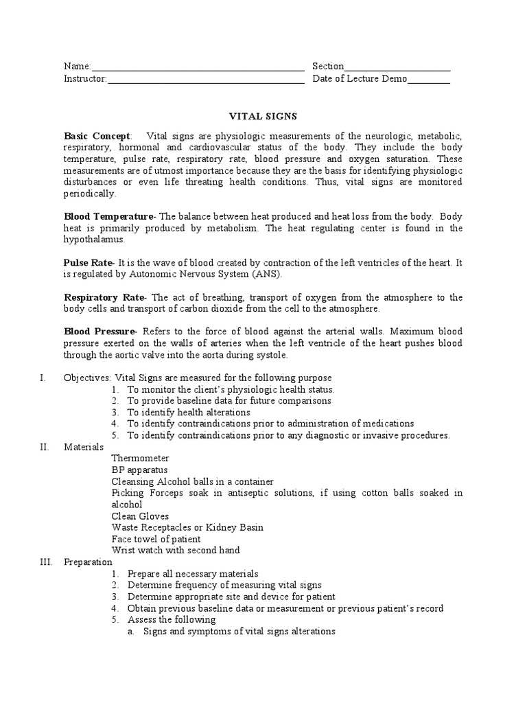 Vital Signs Assessment Procedure Guide | PDF | Breathing | Blood