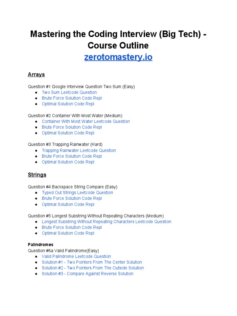 Mastering The Coding Interview (Big Tech) - Course Outline: Zerotomastery - Io | PDF ...