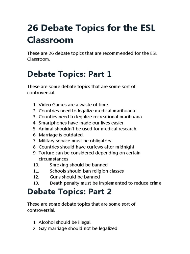 26 Debate Topics For The ESL Classroom | PDF
