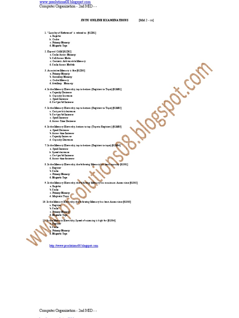Jntu Online Examinations: (Mid 2 - Co) | PDF | Input/Output | Random Access Memory