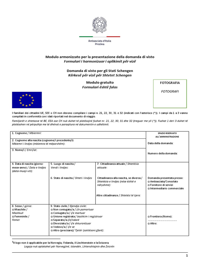 Modulo Armonizzato Per La Presentazione Della Domanda Di Visto | PDF