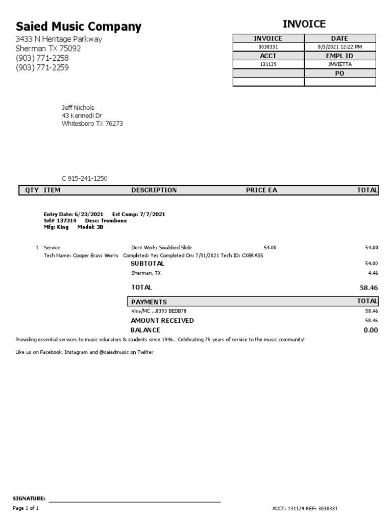 Service Receipt3038331 - Cooper Invoice 243 | PDF
