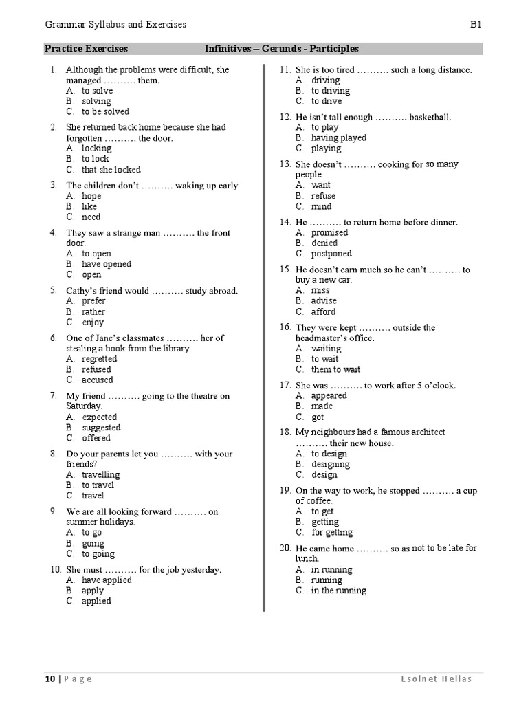Grammar Syllabus and Exercises B1 Practice Exercises Infinitives Gerunds - Participles | PDF ...