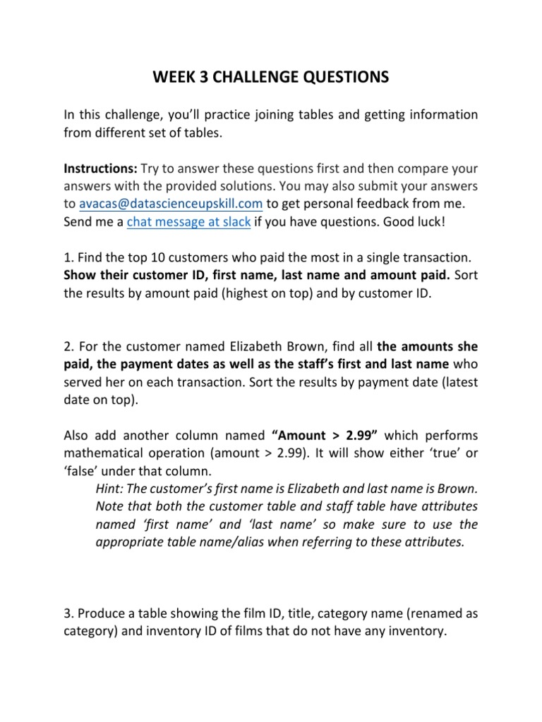 Week 3 Challenge Questions: Instructions | PDF