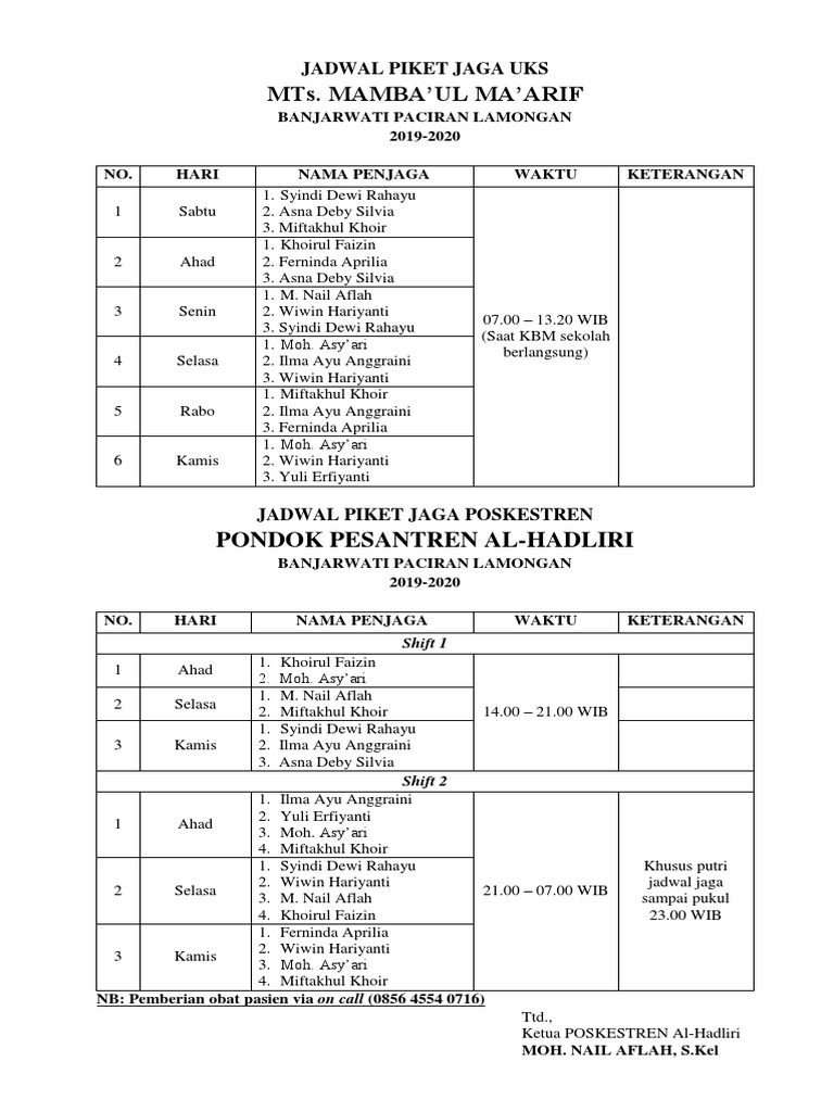 JADWAL PIKET JAGA UKS Dan POSKESTRENdocx | PDF