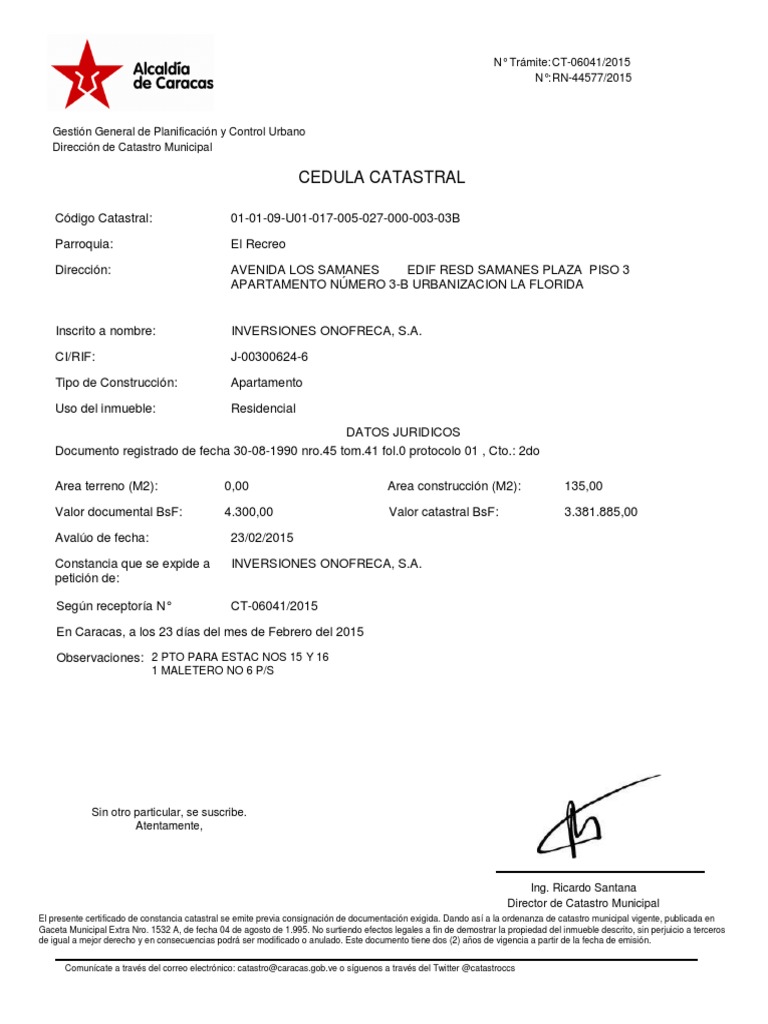 Cédula Catastral de Inmueble en Caracas | PDF