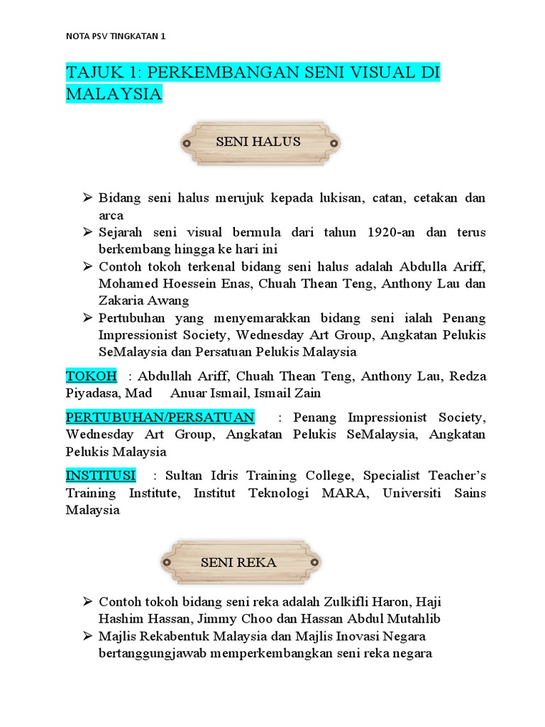 Nota Tajuk 1 - Perkembangan Seni Visual Di Malaysia | PDF