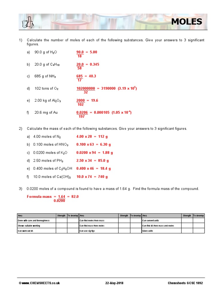 Chemsheets GCSE 1092 Moles ANS | PDF | Mole (Unit) | Chemistry