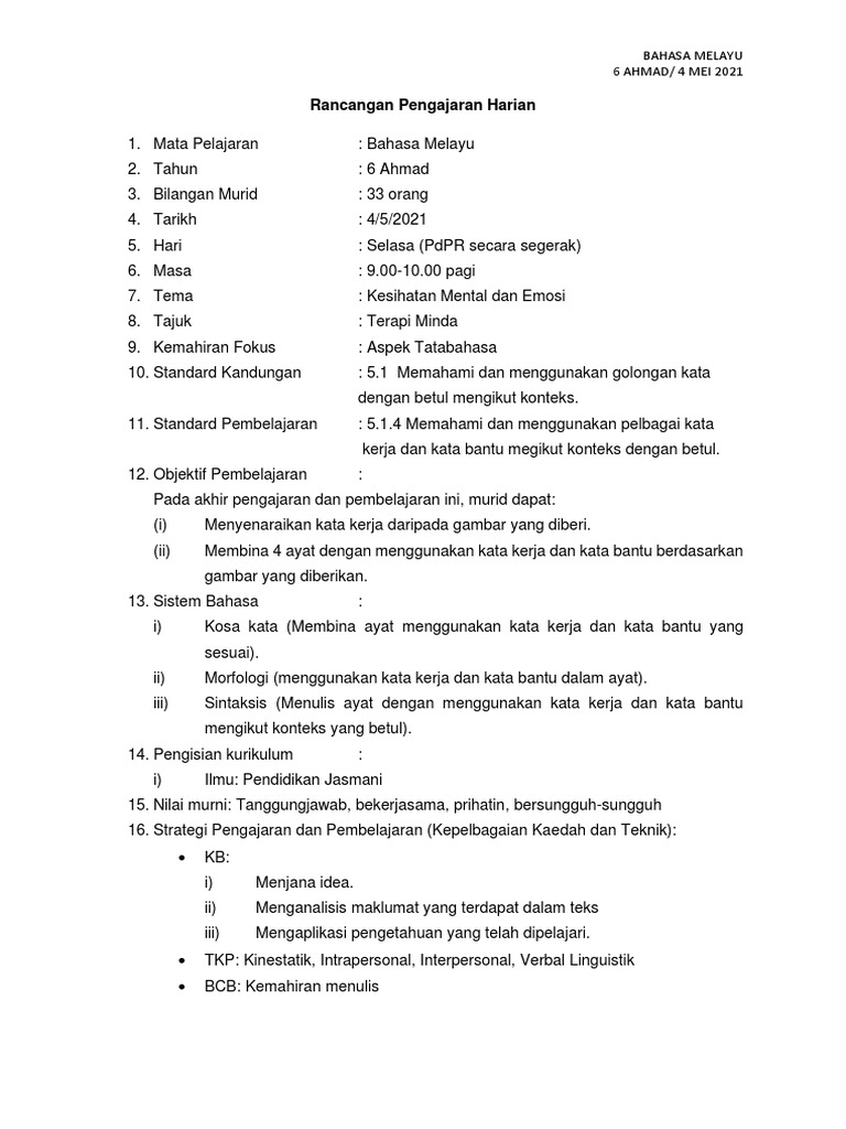 Rancangan Pengajaran Harian Bahasa Melayu Tahun 6: Terapi Minda melalui ...