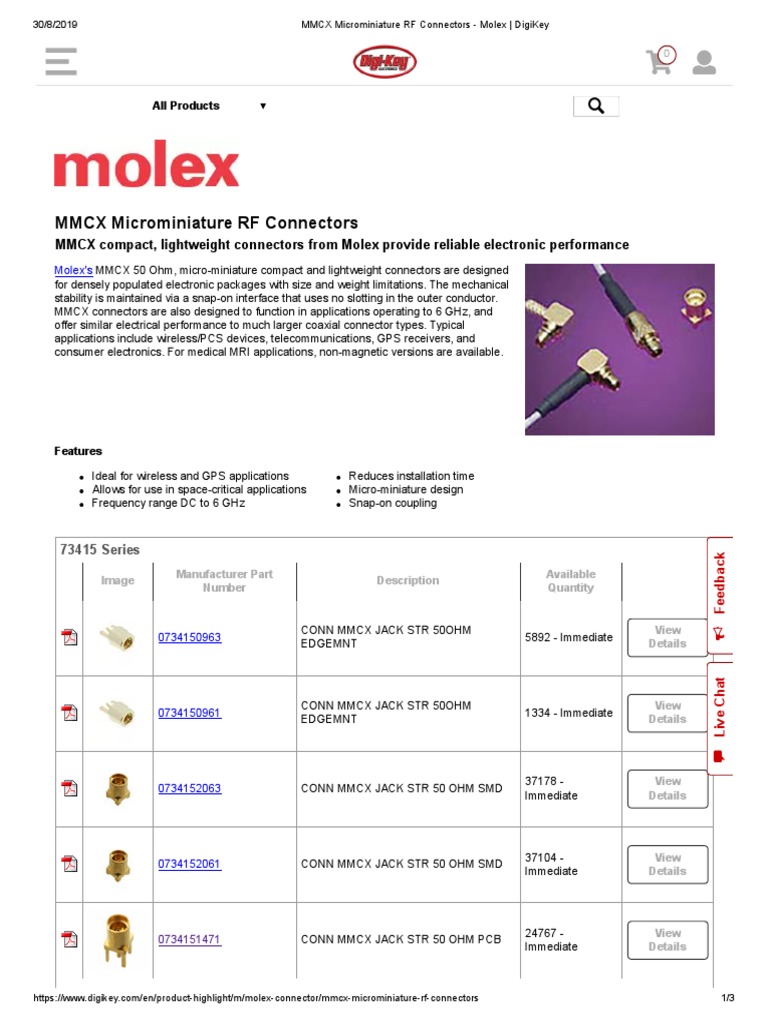 MMCX Microminiature RF Connectors - Molex - DigiKey | PDF | Coaxial Cable | Electrical Connector