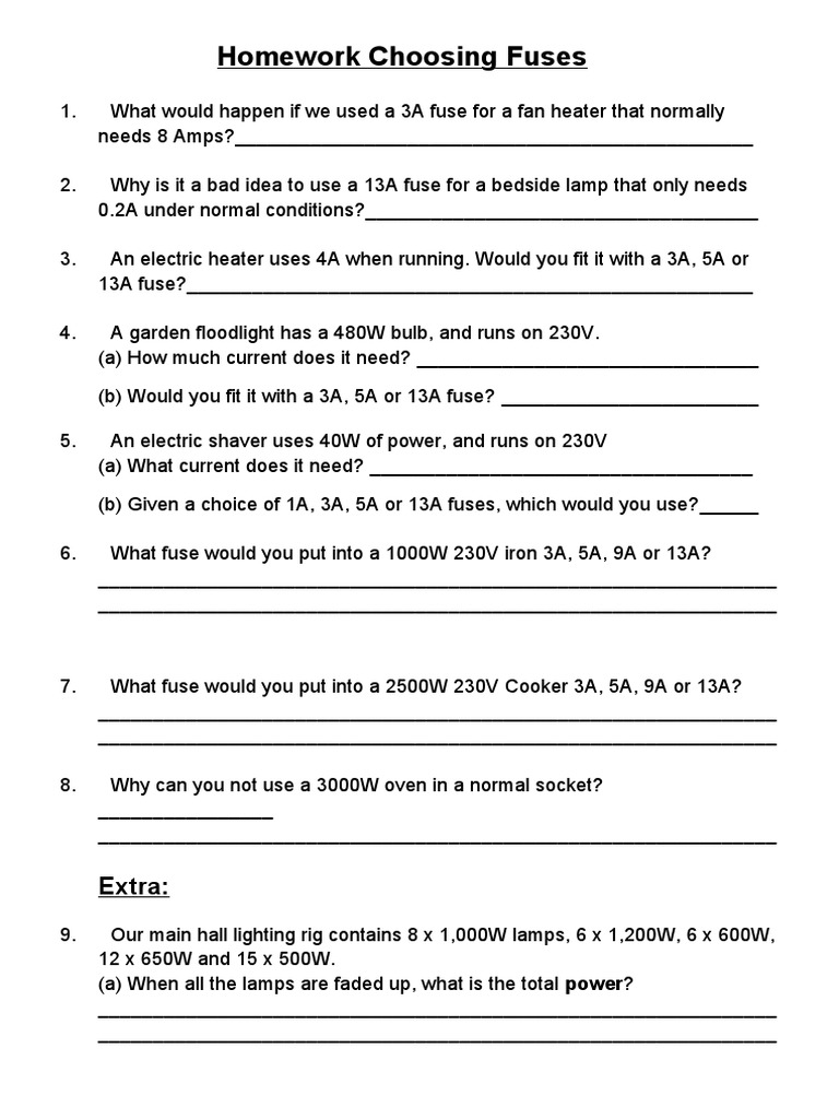 Electricity - Mains - 02 - Worksheet Power and Fuses | PDF