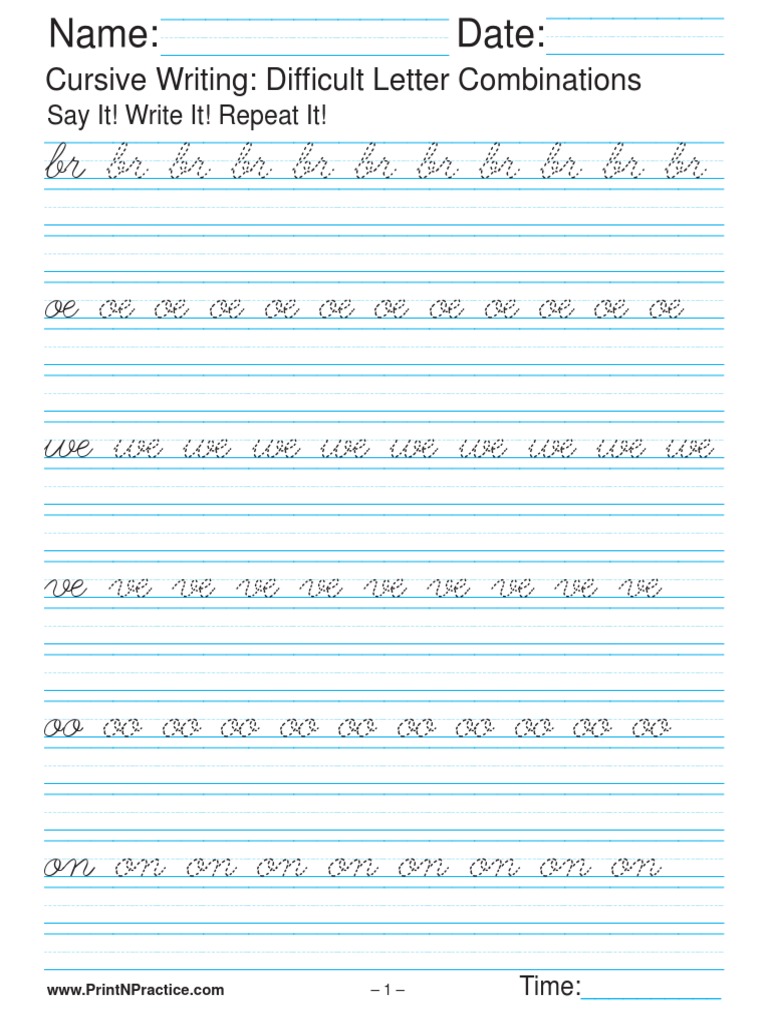 Cursive Writing Difficult Letter Combinations 1 | PDF | Language Arts ...