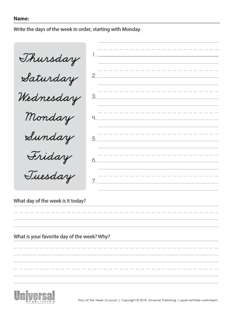 Days of The Week Cursive | PDF