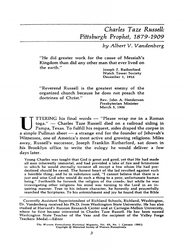 Charles Taze Russell: Pittsburgh Prophet, (1879-1909) | PDF | Bible ...