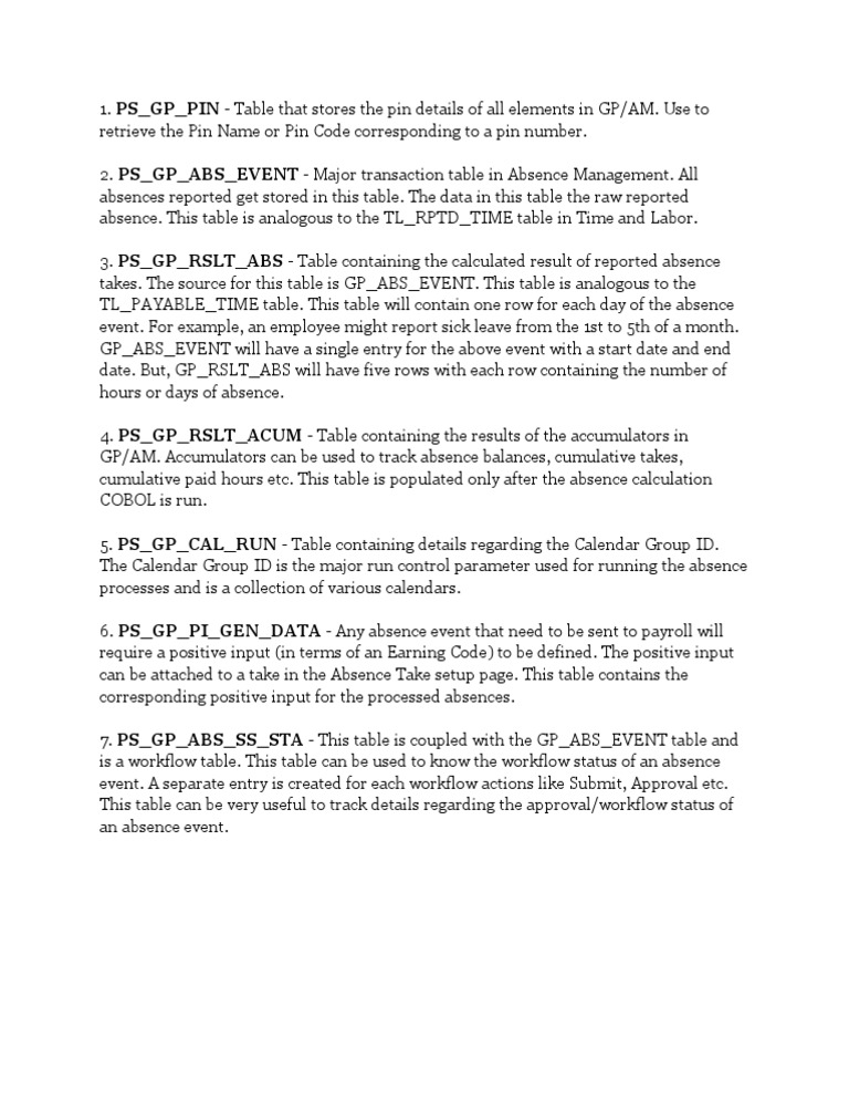 PeopleSoft Absence Management Tables Info | PDF