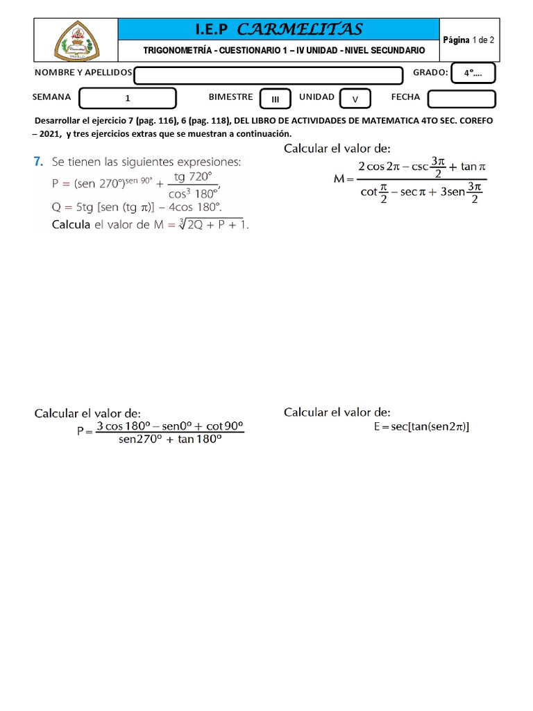 Trigo 4to Cuestionario #1 - 5ta Unidad | PDF