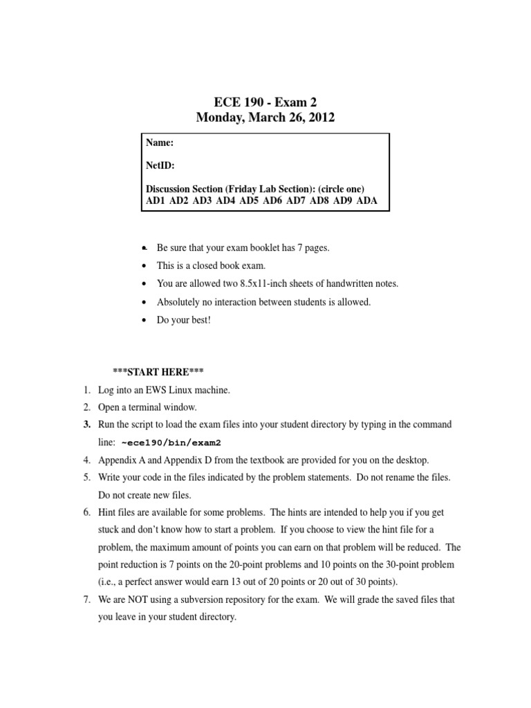 ECE 190 - Mon Exam 2 - SP 2012 - v2 | PDF | Parameter (Computer ...