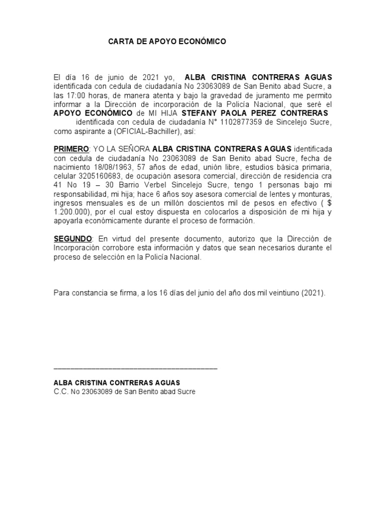 Carta De Apoyo Económico Pdf