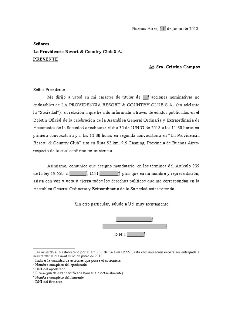 Modelo de Comunicado A Asistencia - LPRCC SA Con Apoderado | PDF